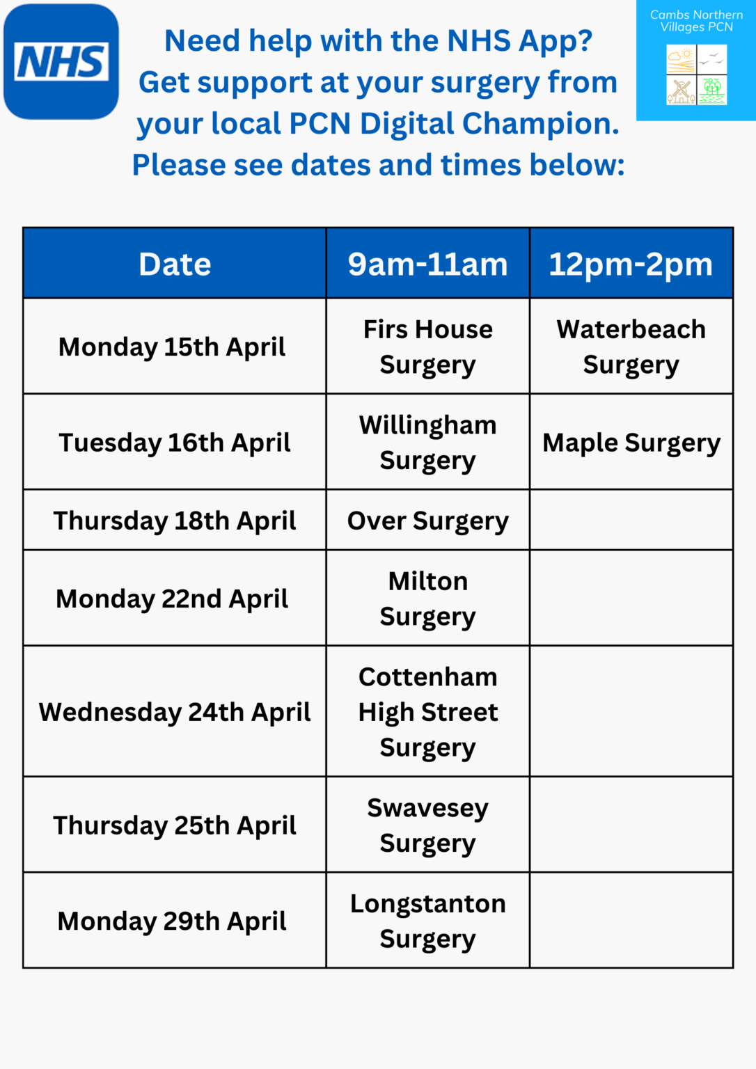 NHS App Support Sessions – Cambridge Northern Villages PCN